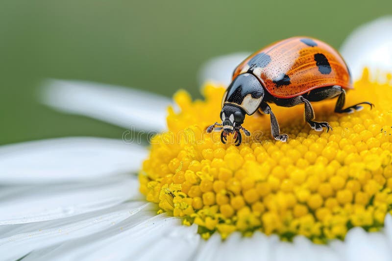 Ladybug Insect Pollinates a Daisy Flower Close Up Stock Image - Image ...