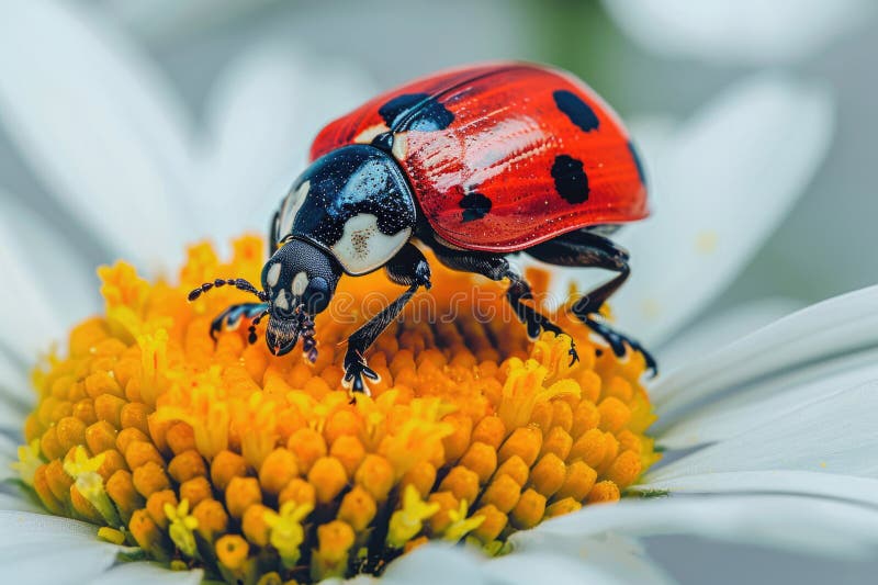 Ladybug Insect Pollinates a Daisy Flower Close Up Stock Image - Image ...