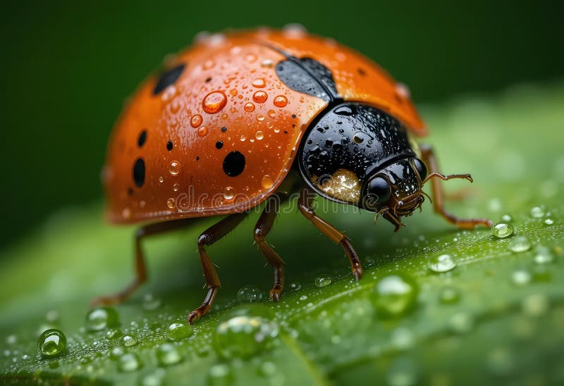Ladybug on Leaf Covered in Water Droplets Close Up Stock Photo - Image ...