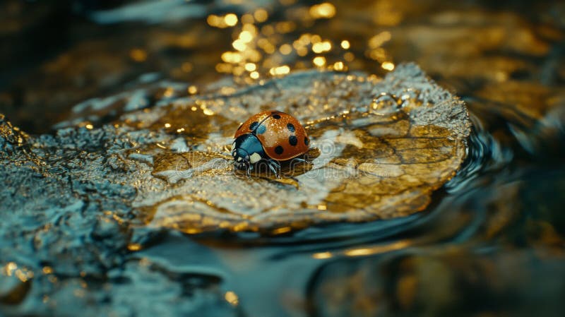 Ladybug on a Leaf in Golden Water Stock Illustration - Illustration of ...