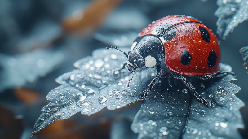 Closeup of a Ladybug on a Leaf with Raindrops Stock Illustration ...