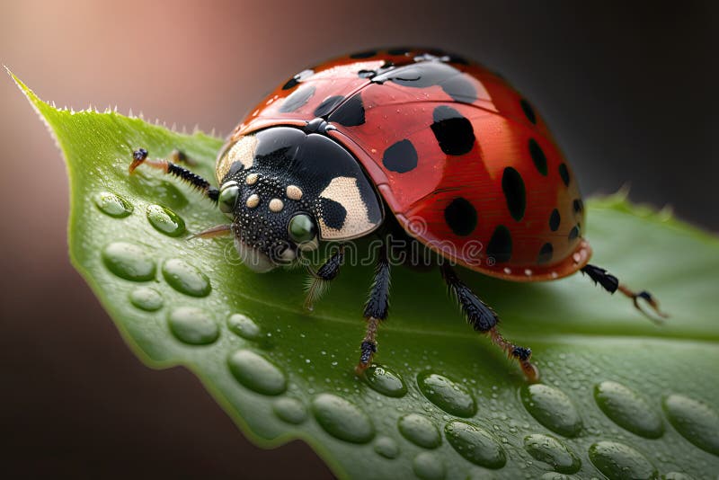 Ladybug on Leaf with Water Drops - Generative AI Stock Illustration ...