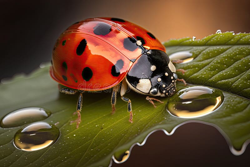 Ladybug on Leaf with Water Drops - Generative AI Stock Illustration ...