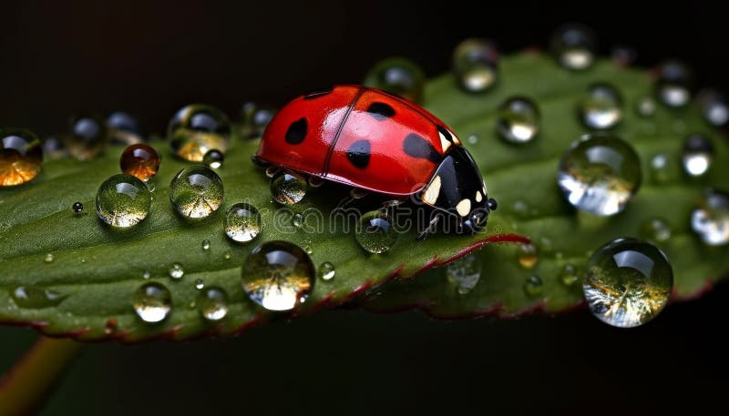 Ladybug in Leaf Wirh Water Drops Scene Generated by AI Stock ...