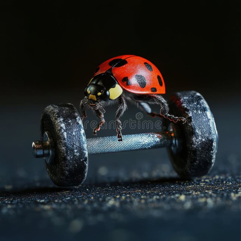 Ladybug Lifting a Miniature Dumbbell in Dramatic Lighting Stock Photo ...