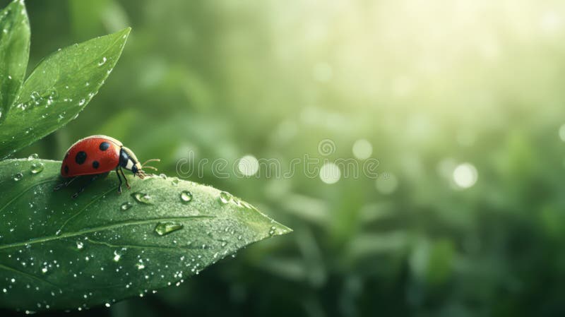 A Ladybug Perched on the Edge of a Green Leaf, with Sunlight Filtering ...