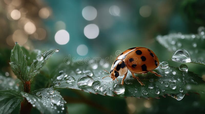 Ladybug Perched on a Green Leaf Surrounded by Dew Drops in a Tranquil ...