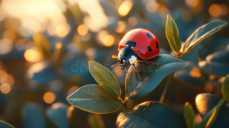 Ladybug Perched on Green Leaves at Sunset Stock Illustration ...