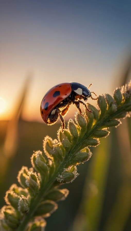 Ladybug Perched on Plant with Sunlight Casting Shadow Stock ...