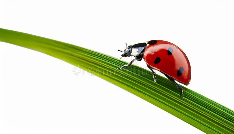 Ladybug in Profile, Walking on an Angled Linear Green Plant. Isolated ...