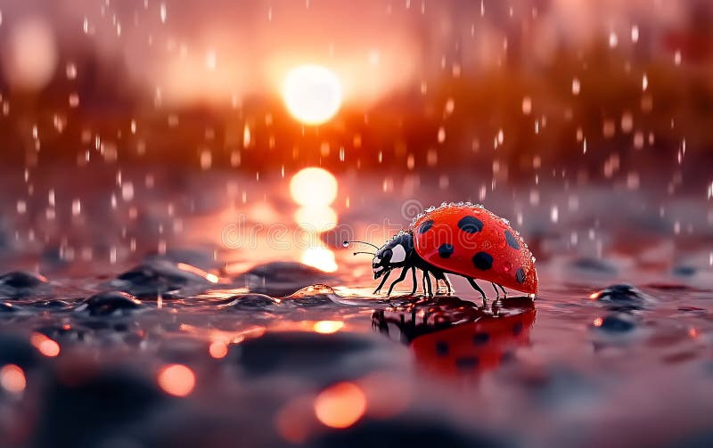 Ladybug in Rain at Sunset on Wet Stones Stock Photo - Image of water ...