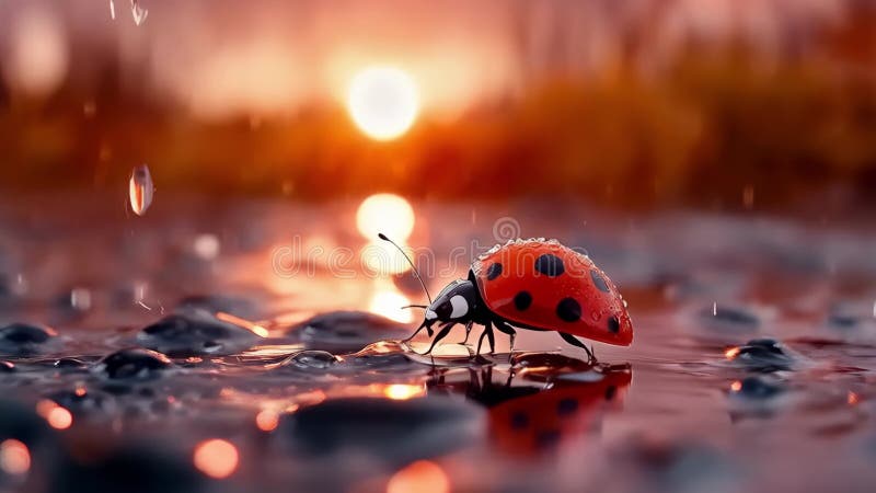 Ladybug in Rain at Sunset on Wet Stones Stock Footage - Video of shine ...