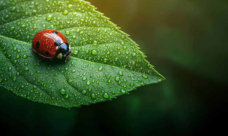 A Ladybug, Red in Color, Sitting on a Four-leaf Clover with Droplets of ...