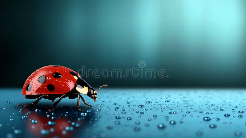 Ladybug on Reflective Surface with Water Droplets in Soft Light Stock ...