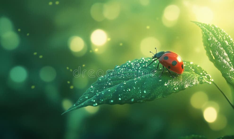 Ladybug Resting on Dew-covered Leaf in Serene Green Environment with ...