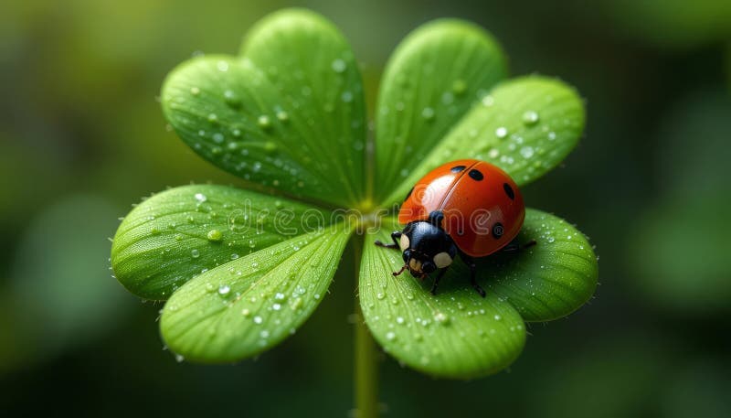 Ladybug Resting on a Dewy Clover Leaf with a Green Blurred Background ...