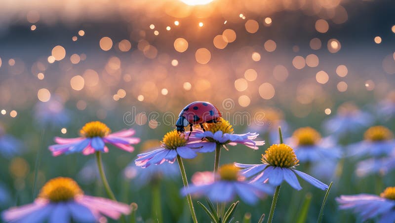 Ladybug on Purple Daisy Flowers at Golden Hour Sunrise Stock ...