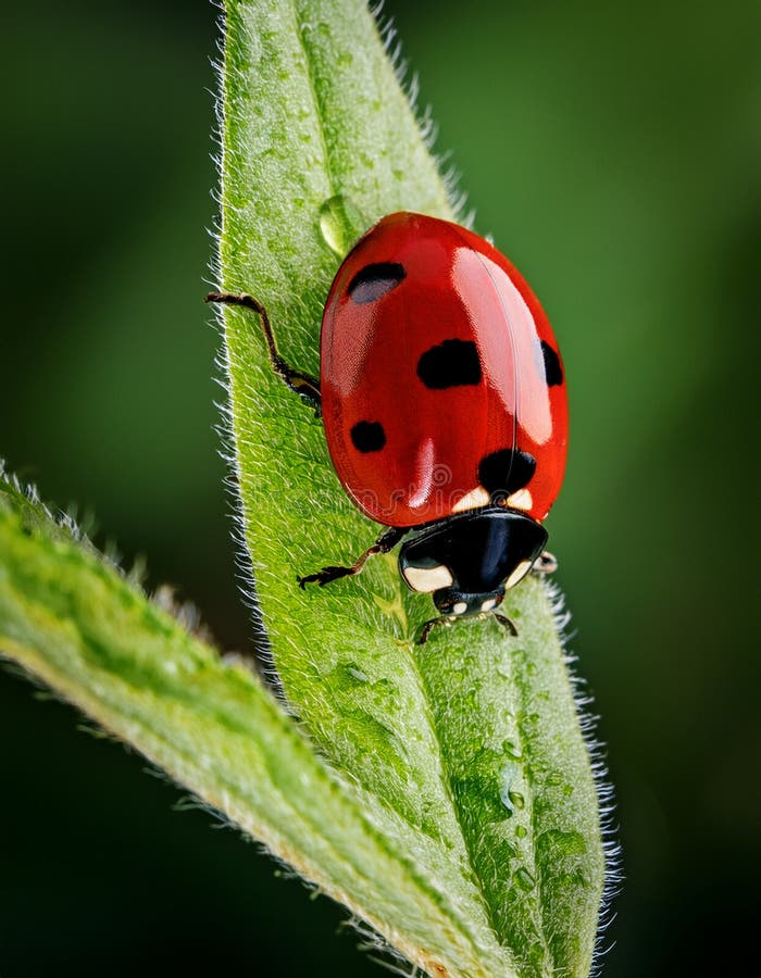 Ladybug Resting on a Green Leaf with Droplets of Water in a Natural ...
