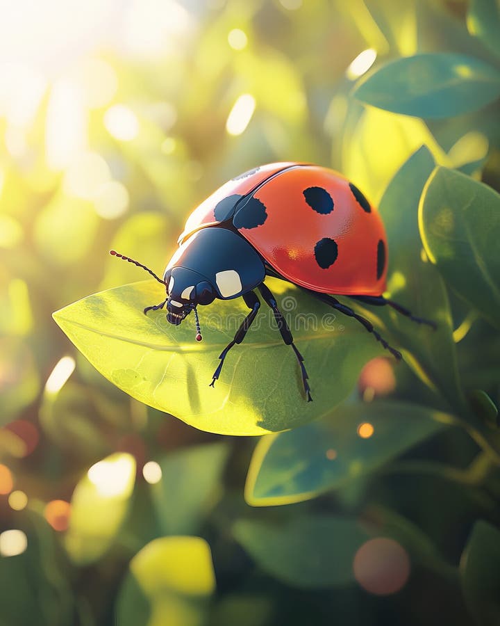 Ladybug Rests on a Green Leaf in Warm Sunlight Amidst a Vibrant Garden ...