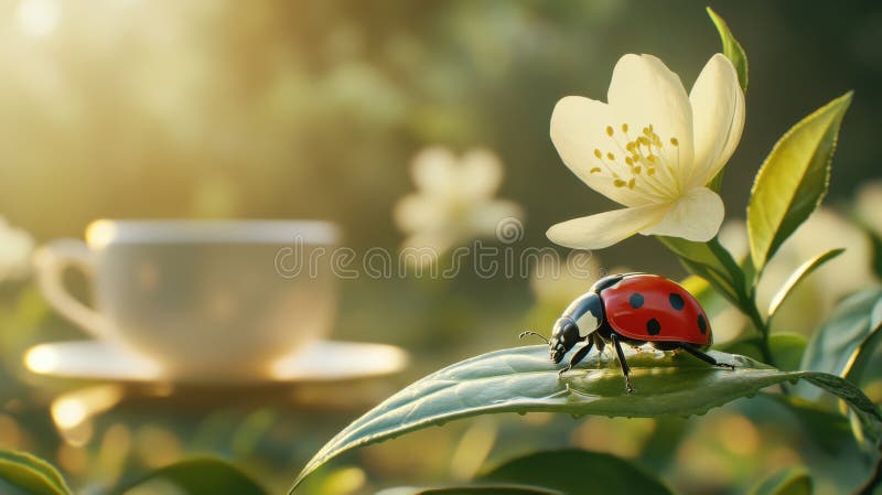 A Ladybug Rests on a Tea Leaf, with a Soft-focus Tea Garden. Stock ...