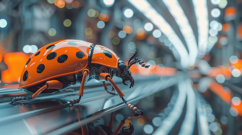 A Ladybug Robot Walks on a Futuristic Escalator in a City Environment ...
