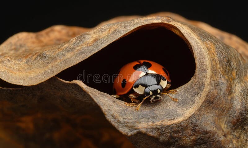 Ladybug Sheltering Inside a Dried Leaf during Hibernation. Stock Photo ...