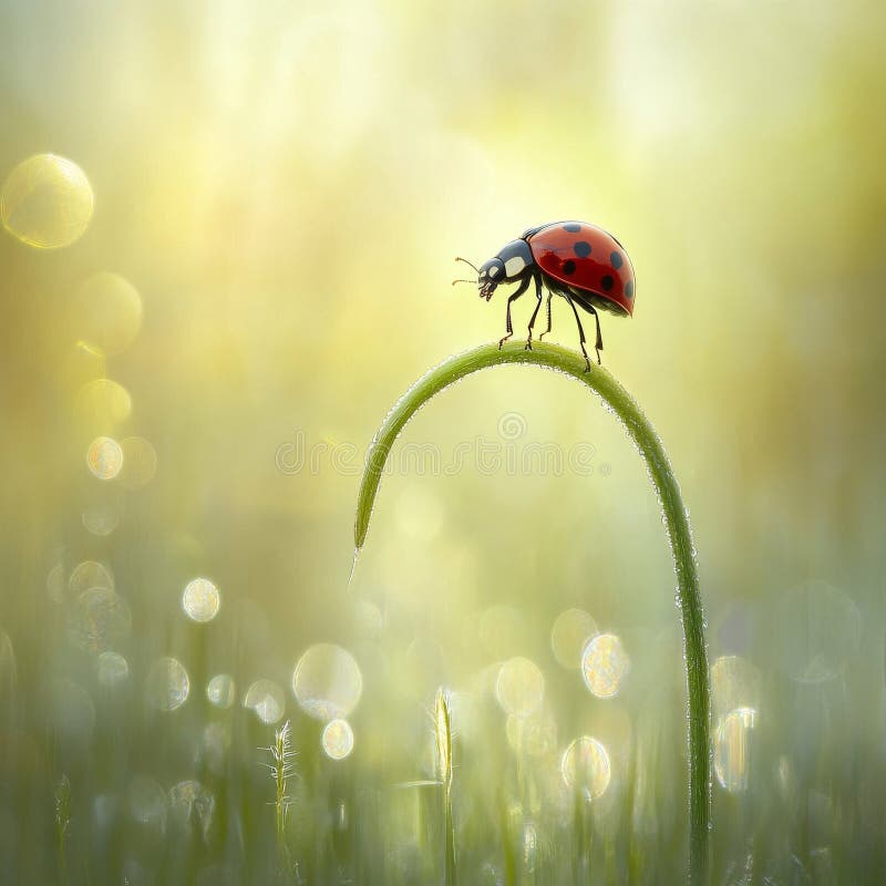 A Ladybug is Shown Climbing Up a Single Blade of Grass Set Against a ...