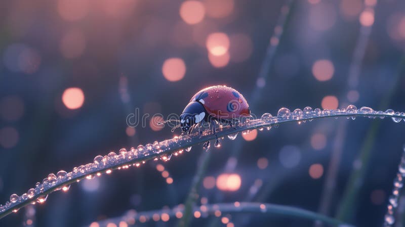 A Ladybug Sits on a Dew-covered Blade of Grass. Stock Image - Image of ...