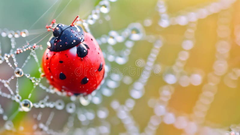 A Ladybug Sits on a Spiderweb, Its Shell Covered in Dewdrops, Against a ...