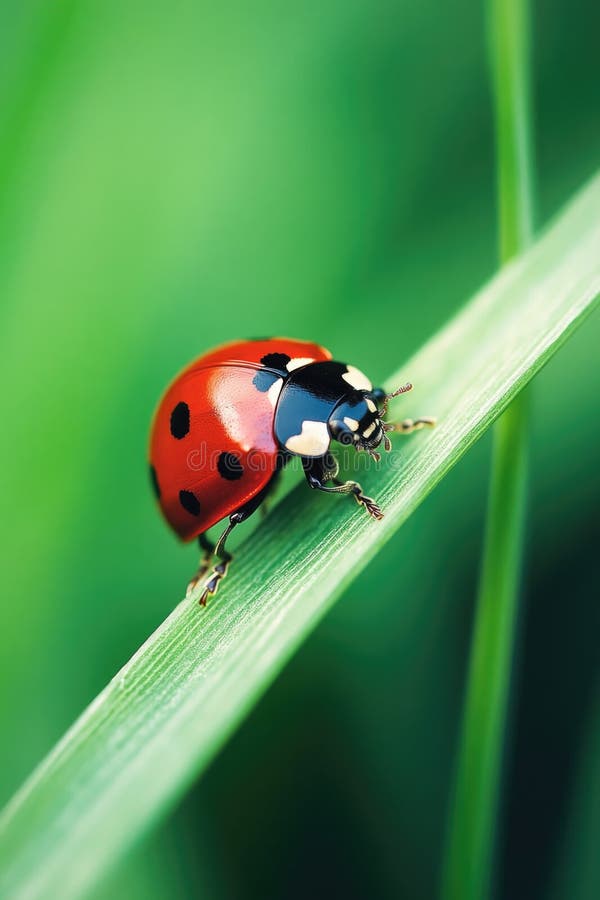 A Ladybug Sits on the Top of a Green Leaf, Looking Around Stock ...