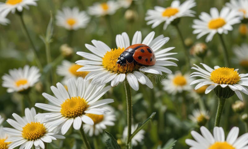 A Ladybug is Sitting on a Daisy in a Field of White and Yellow Flowers ...