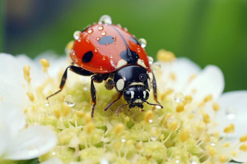 Ladybug Sitting on a Flower with Dew Drops Stock Illustration ...