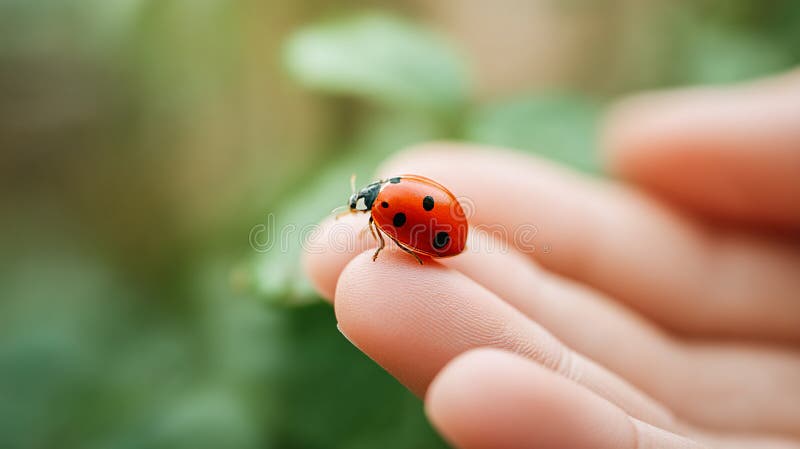 Ladybug Sitting on a Human Hand Palm. Green Trees Forest Stock ...