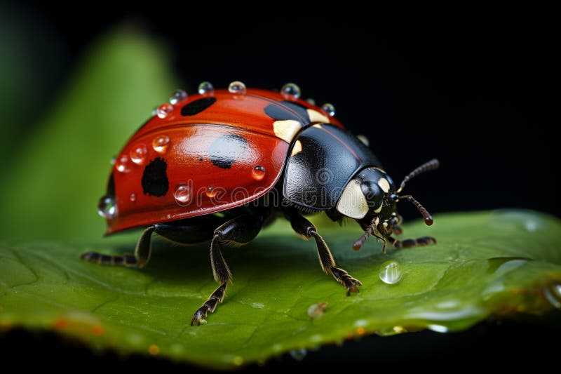 Ladybug Sitting on a Leaf with Dew Drops Stock Photo - Image of sitting ...