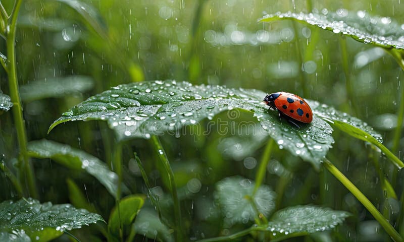 A Ladybug is Sitting on a Leaf in the Rain. Stock Illustration ...
