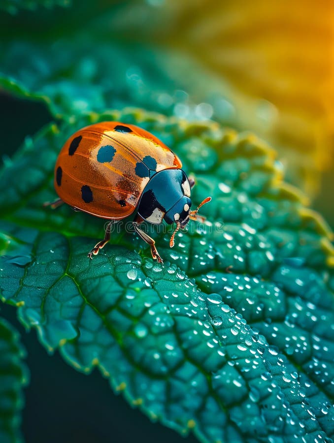 A Ladybug is Sitting on a Leaf with Water Drops Stock Photo - Image of ...