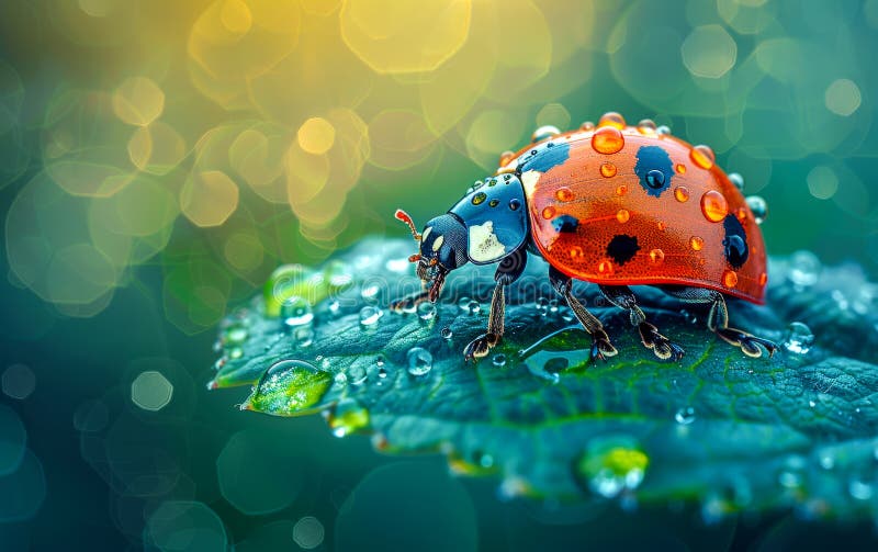 A Ladybug is Sitting on a Leaf that is Wet. the Water Droplets on the ...