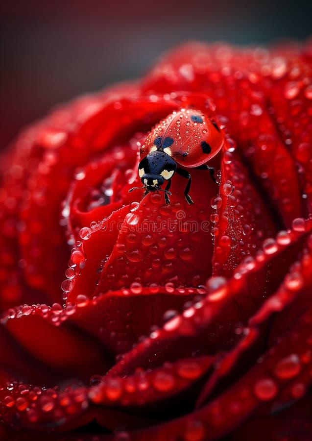 A Ladybug is Sitting on a Red Rose Covered in Drops Stock Illustration ...