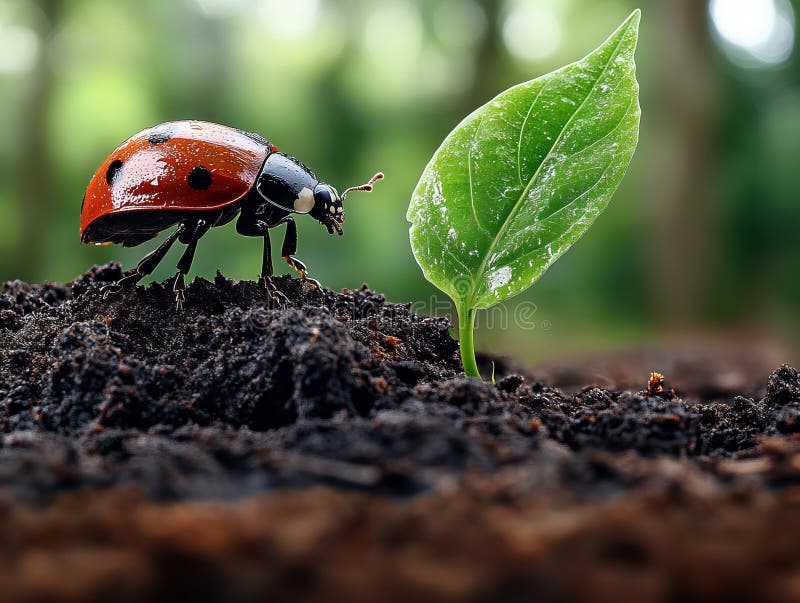 A Ladybug Sitting on Top of a Green Leaf on a Dirt Ground Stock Image ...