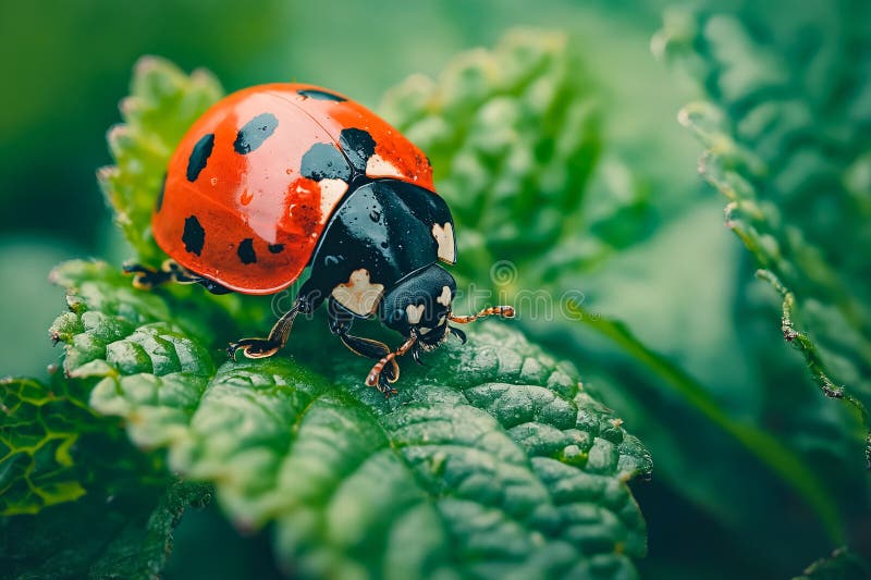 A Ladybug Sitting on a Green Leaf with Water Droplets Stock Photo ...