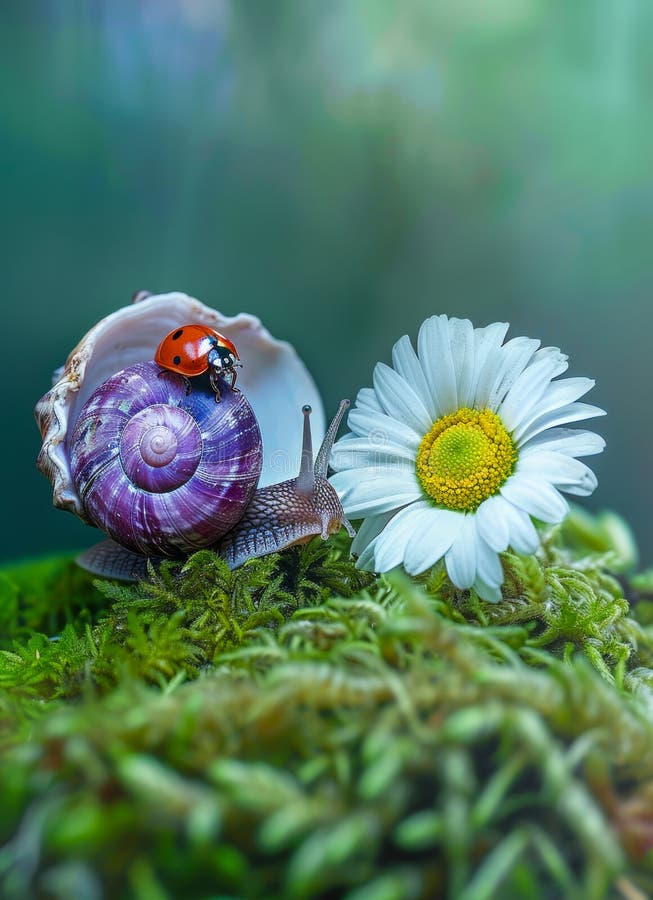 Ladybug and Snail on Camomile in Shell Stock Image - Image of spring ...