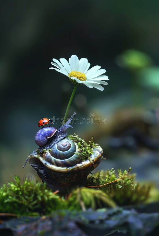 Ladybug and Snail on Camomile. a Small Daisy Flower Growing from a ...