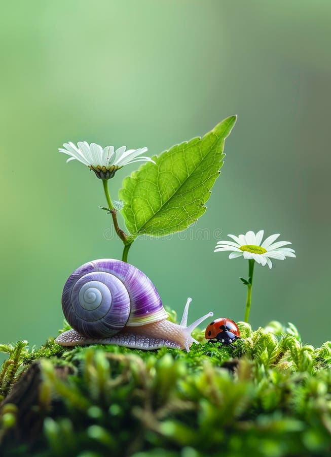 Ladybug and Snail on the Moss with Flowers. a Small Purple Snail Shell ...