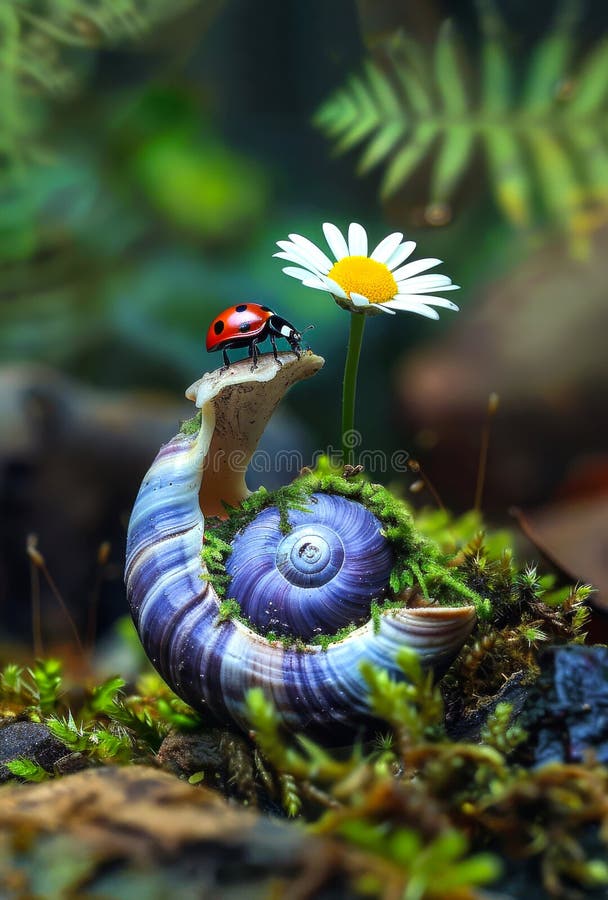 Ladybug and Snail on Mushroom with Daisy Stock Photo - Image of summer ...