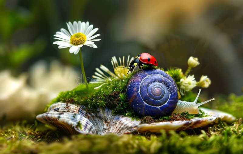 Ladybug and Snail on Shell in the Grass Stock Image - Image of beauty ...