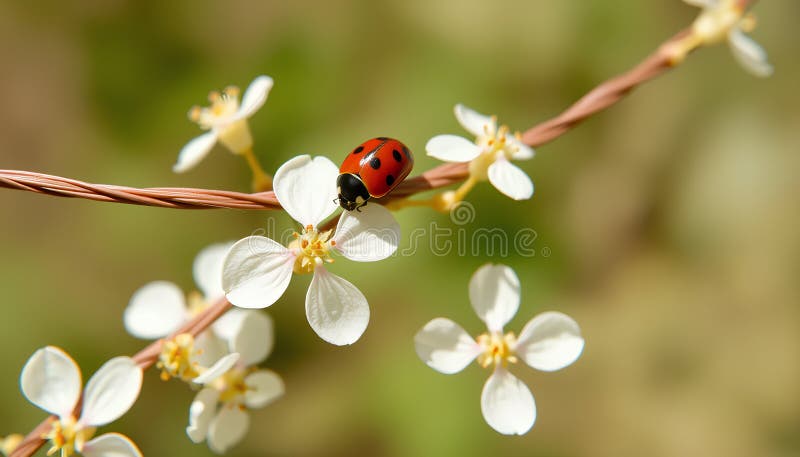 Ladybug on a String Beautiful White Flowers Stock Illustration ...