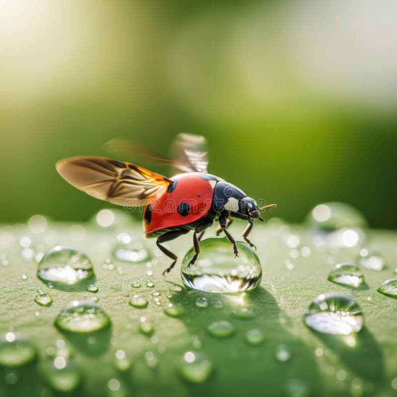 A Ladybug Takes Off from a Drop of Water. Stock Photo - Image of shiny ...