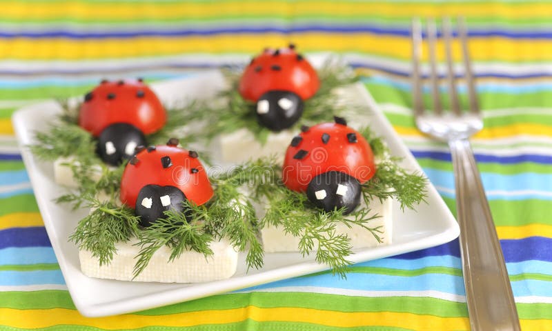 Ladybug Tomato and Olive with Cheese Stock Photo - Image of mozzarella ...