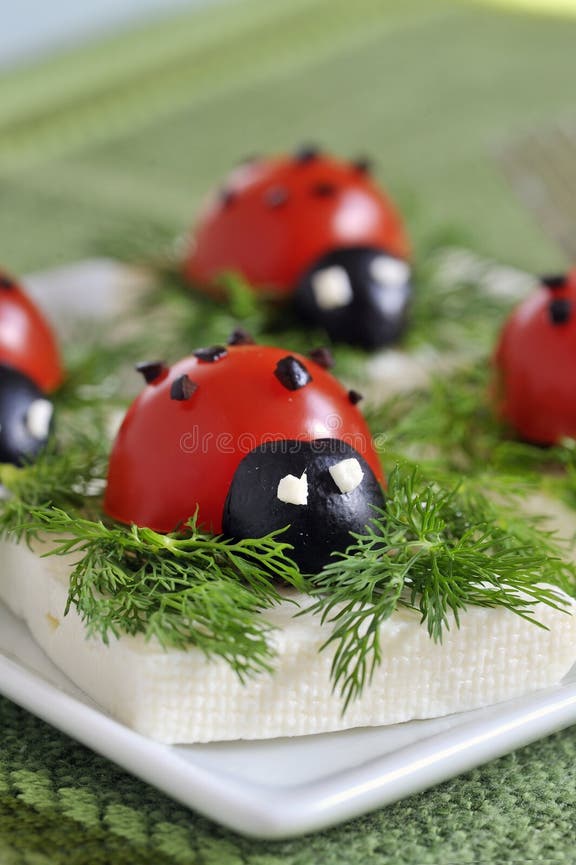 Ladybug Tomato and Olive with Cheese Stock Image - Image of freshness ...