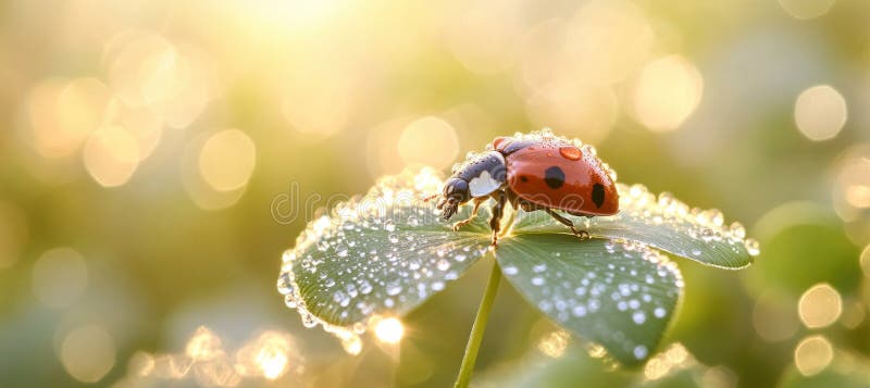 Ladybug Walking on Dewy Clover Leaf in Morning Sunlight Stock Photo ...